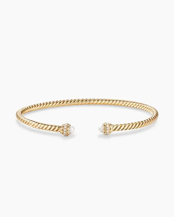 David Yurman 18k Yellow Gold Cablespira Bangle With Pearls And Diamonds - Pearl