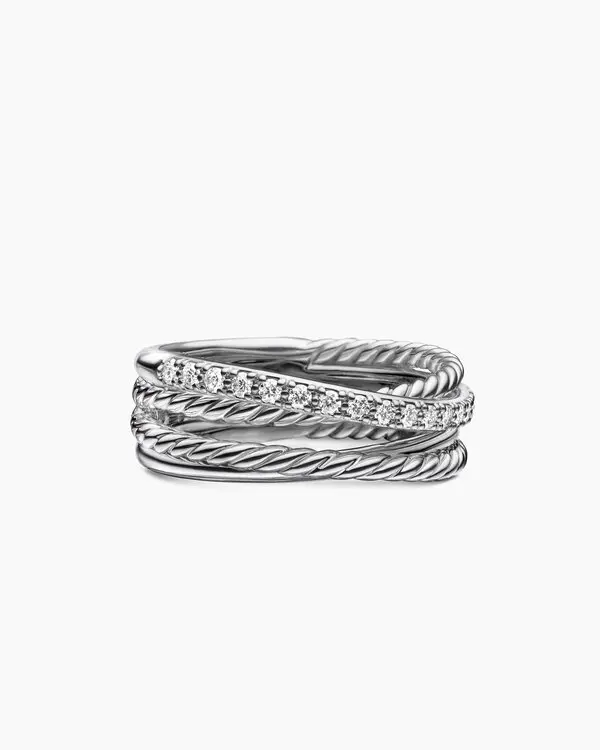David Yurman Crossover Band Ring In Sterling Silver With Diamonds - Diamond