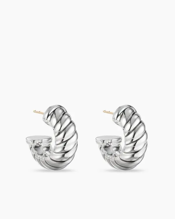 David Yurman Sterling Silver Sculpted Cable Shrimp Hoop Earrings - All Sterling Silver