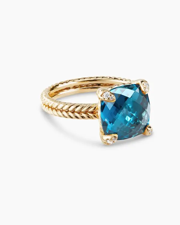 David Yurman Chatelaine® Ring In 18k Yellow Gold With And Diamonds - Hampton Blue Topaz