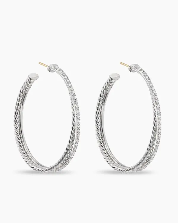David Yurman Sterling Silver Crossover Hoop Earrings With Diamonds - Diamond