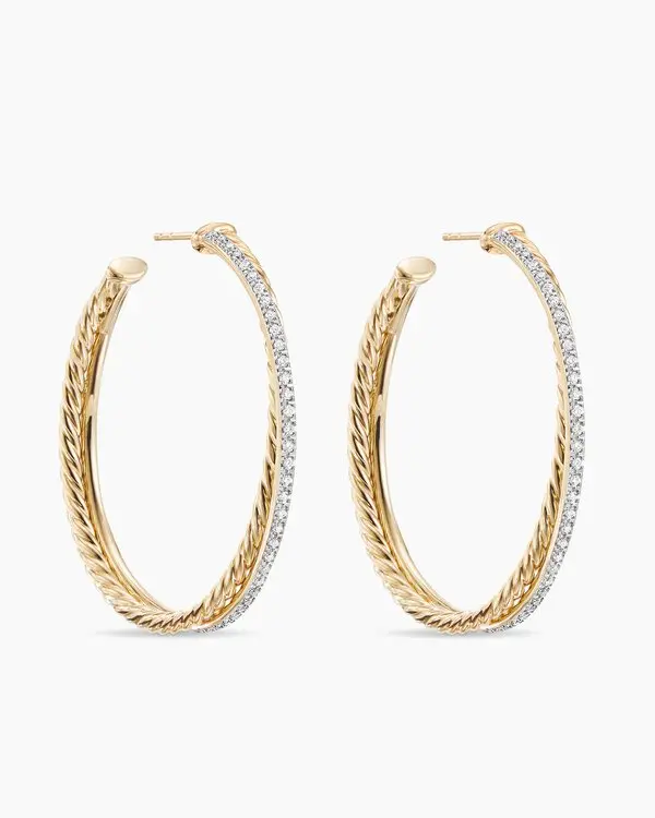 David Yurman 18k Yellow Gold Crossover Hoop Earrings With Diamonds - Diamond