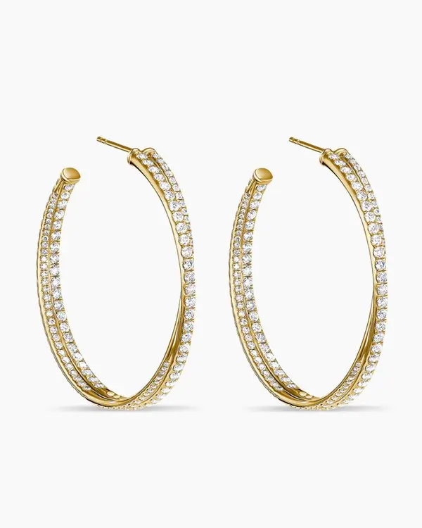 David Yurman 18k Yellow Gold Pavé Crossover Hoop Earrings - Diamond