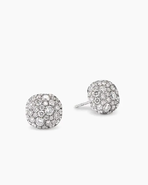 David Yurman 18k White Gold Cushion Stud Earrings With Diamonds - Diamond