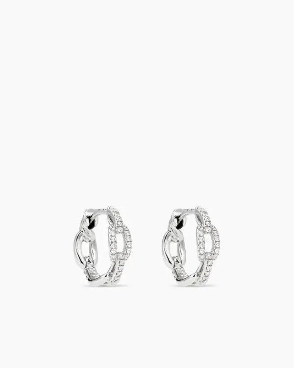 David Yurman 18k White Gold Stax Chain Link Huggie Hoop Earrings - Diamond