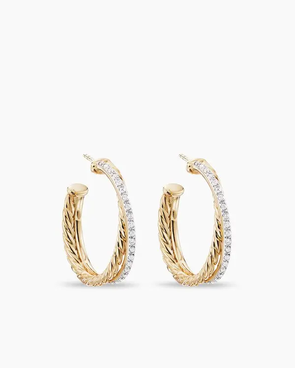 David Yurman 18k Yellow Gold Crossover Hoop Earrings With Diamonds - Diamond