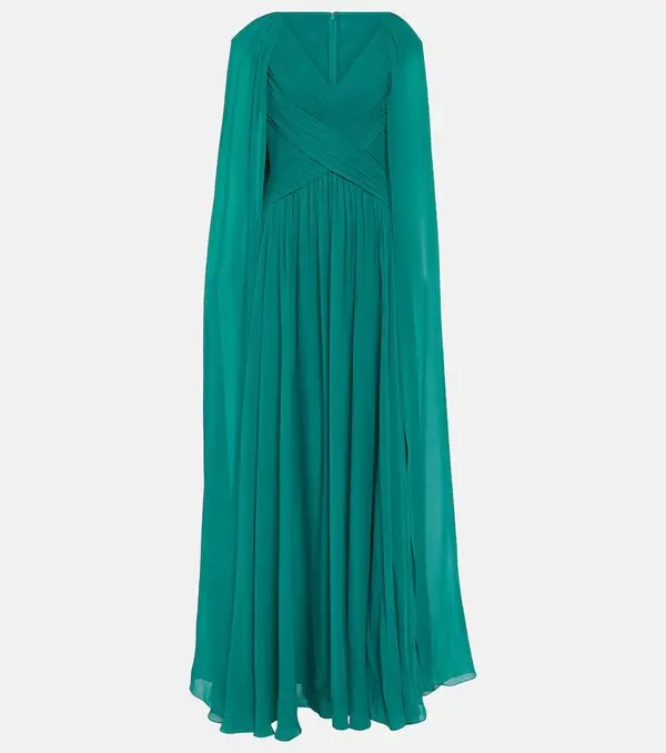 Elie Saab Caped Silk-blend Gown - Green