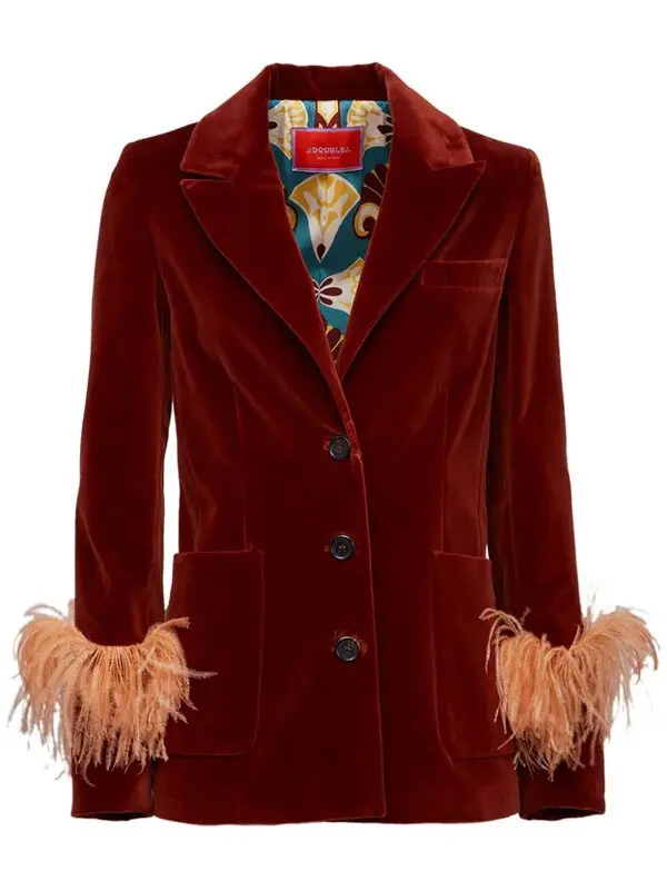 La DoubleJ Keaton Feather-trim Velvet Blazer - Red