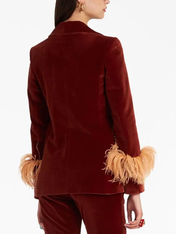 La DoubleJ Keaton Feather-trim Velvet Blazer - Red