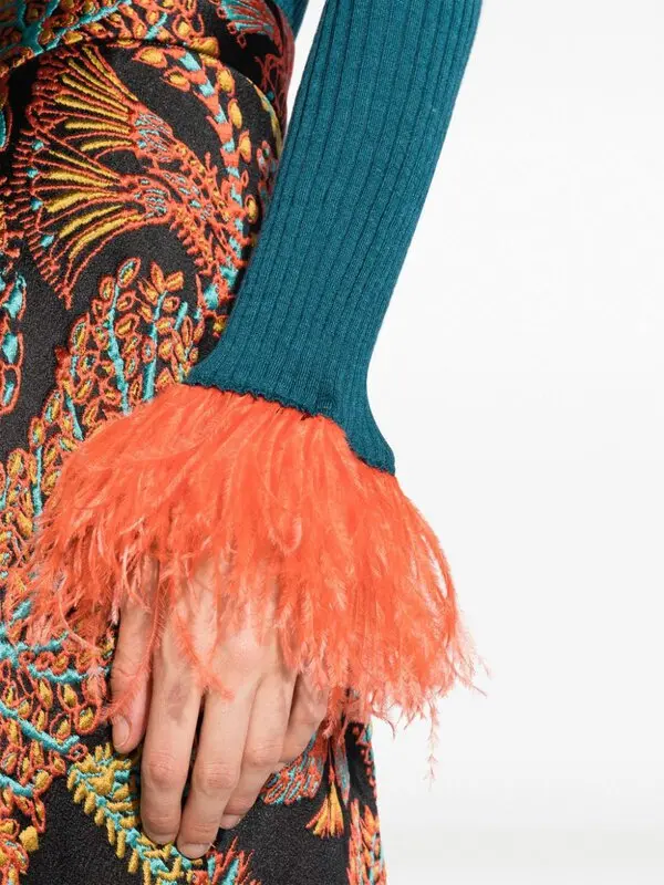 La DoubleJ Feather-trim Rib-knit Jumper - Blue