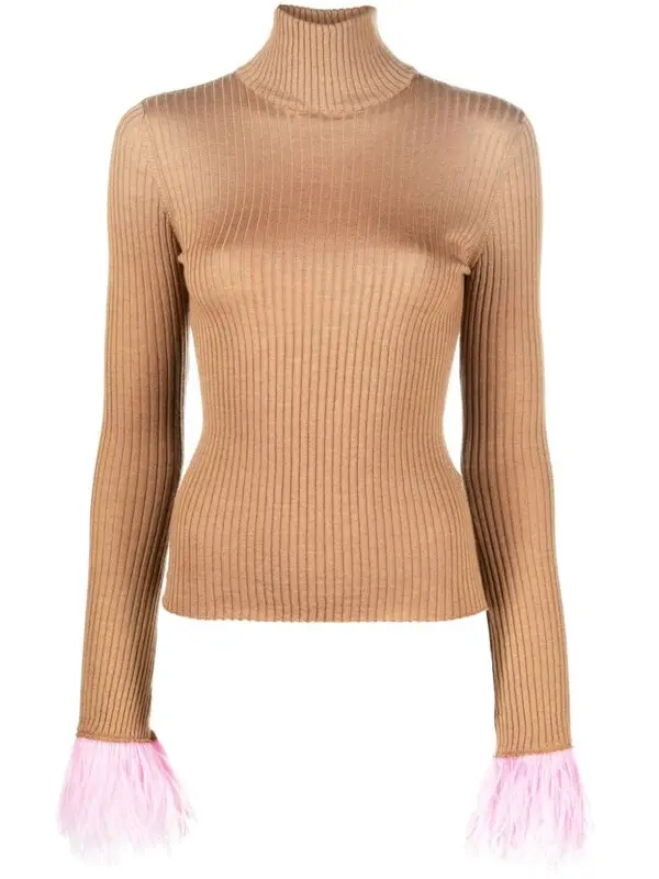 La DoubleJ Feather-cuff Ribbed-knit Jumper - Brown