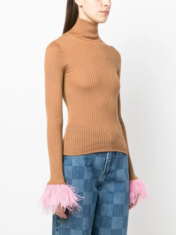La DoubleJ Feather-cuff Ribbed-knit Jumper - Brown