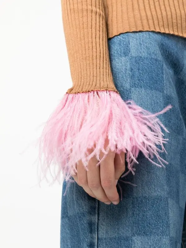 La DoubleJ Feather-cuff Ribbed-knit Jumper - Brown