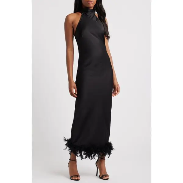Rare London Feather Trim Halter Midi Dress In Black - 72% Off | Editorialist