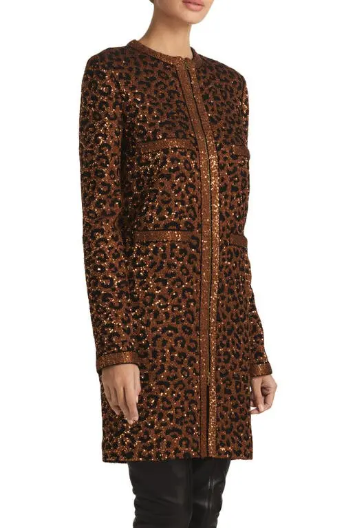 St. John Sequin Leopard Jacquard Long Jacket