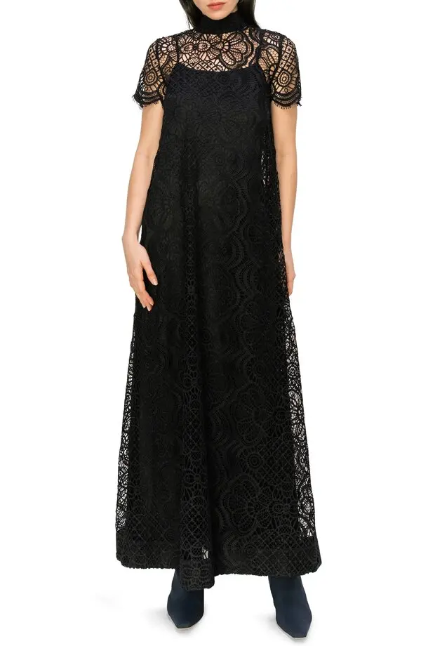 Melloday Mock Neck Lace Overlay Maxi Dress In Black - 60% Off | Editorialist