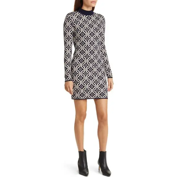 ZOE AND CLAIRE Geometric Print Long Sleeve Sweater Dress