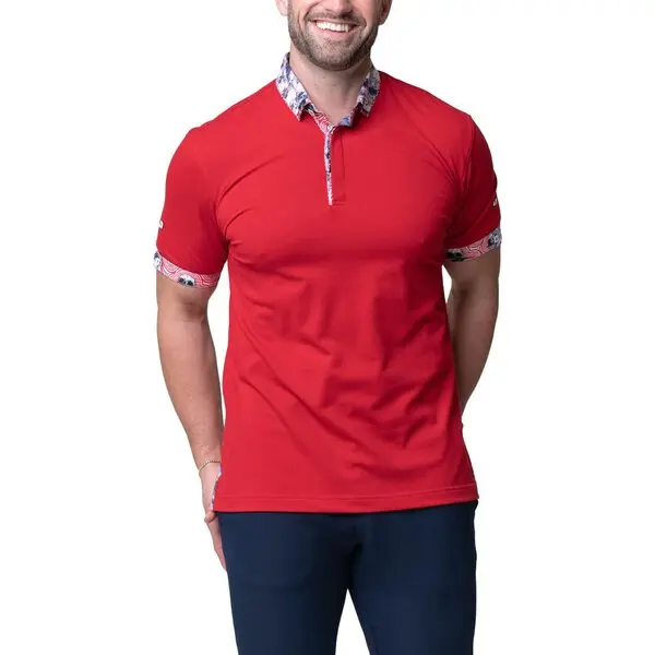 MACEOO Mozart Solid Ripple Piqué Button-down Polo - Red