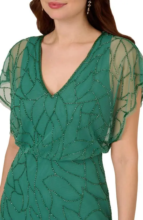 Adrianna Papell Beaded Mesh Blouson Gown - Jungle Green | Editorialist