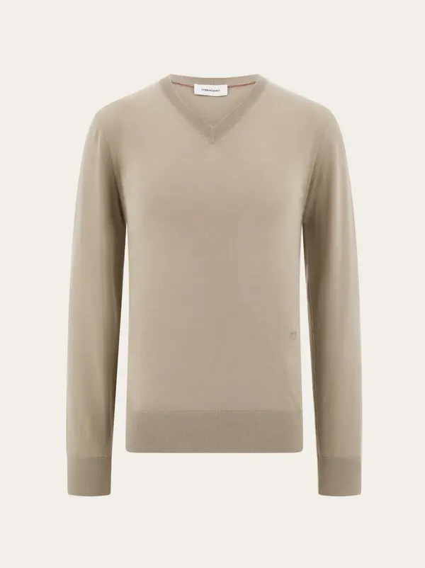 FERRAGAMO V-neck Virgin Wool Sweater - Beige