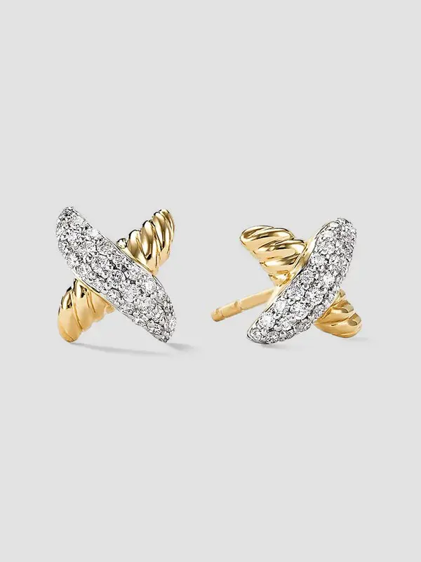 David Yurman Petite X Stud Earrings In 18k Yellow With Diamonds, 8.4mm