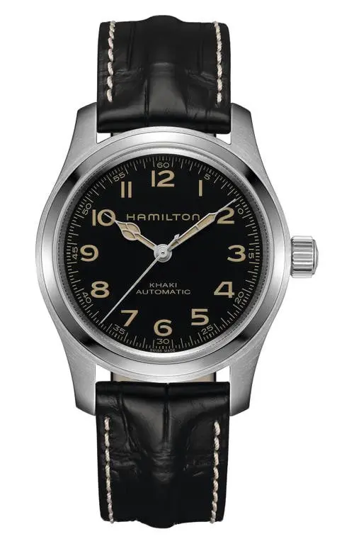 Hamilton Khaki Field Automatic Leather Strap Watch - Black