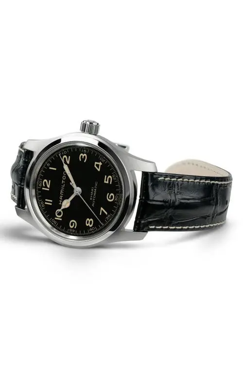 Hamilton Khaki Field Automatic Leather Strap Watch - Black