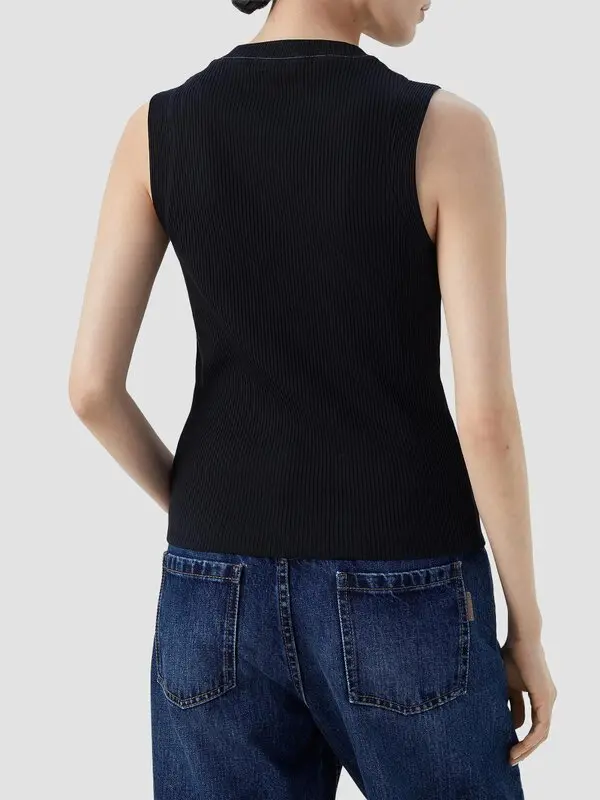 Brunello Cucinelli Cotton Ribbed Jersey Top With Monili - Black