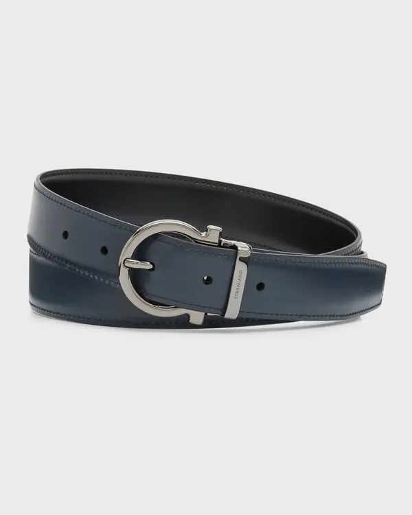 FERRAGAMO Reversible Leather Gancio Belt - Nero/blue Marine