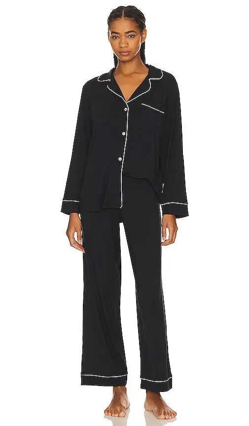 Eberjey Gisele Long Pj Set In Black - Black & Sorbet Pink