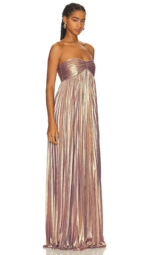 Retrofete Lyanna Pleated Lamé Strapless Dress Purple Gold