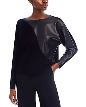 SIONI Faux Leather Front Dolman Sleeve Sweater