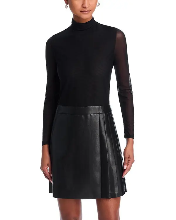 Alice + Olivia Chara Long Sleeve Mesh & Faux Leather Mini Dress - Black