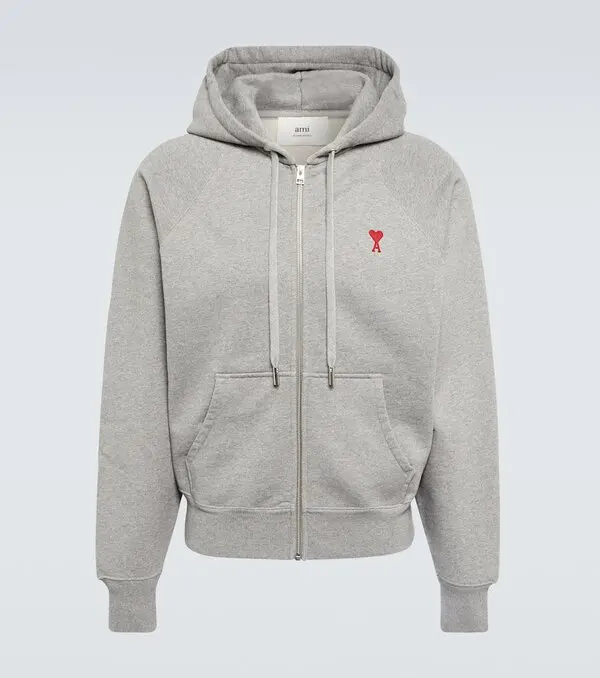 AMI Paris De Cœur Cotton Jersey Zip-up Hoodie - Grey