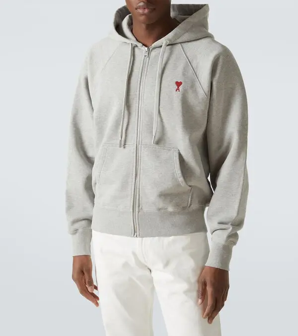 AMI Paris De Cœur Cotton Jersey Zip-up Hoodie - Grey
