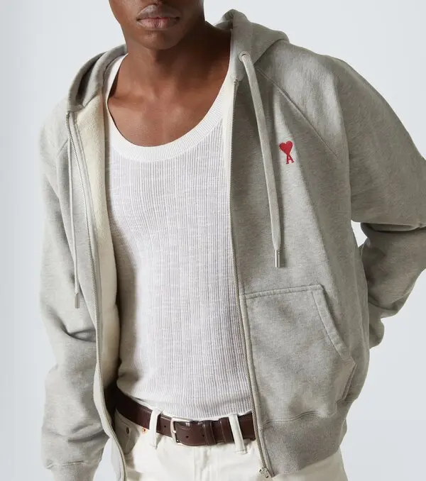 AMI Paris De Cœur Cotton Jersey Zip-up Hoodie - Grey