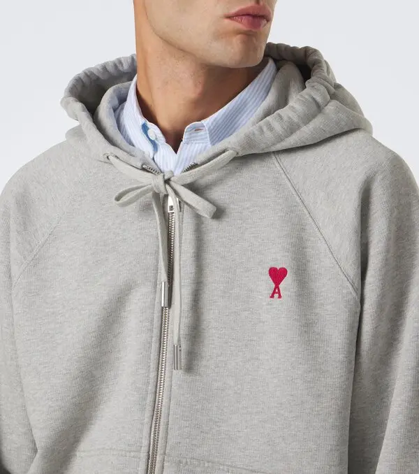 AMI Paris De Cœur Cotton Jersey Zip-up Hoodie - Grey