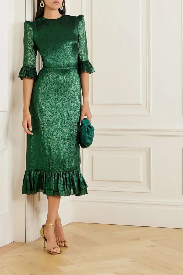 vampire's wife falconetti dress green The The Ruffled Metallic Silk-Blend Midi - Emerald PRESALE25