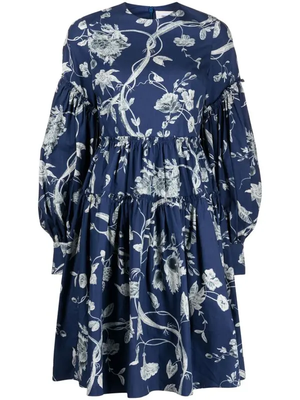 Erdem Floral-print Tiered Dress - Blue