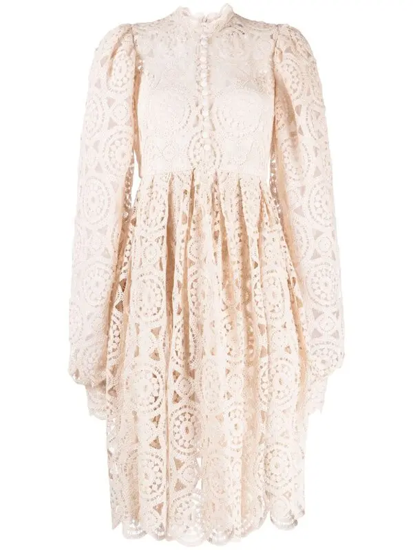 ANOUKI Puff-sleeve Crochet Cotton Dress - Neutrals