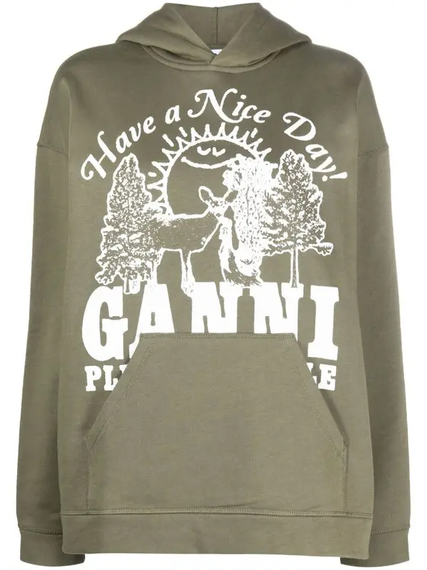 GANNI Logo-print Organic Cotton Hoodie - Green