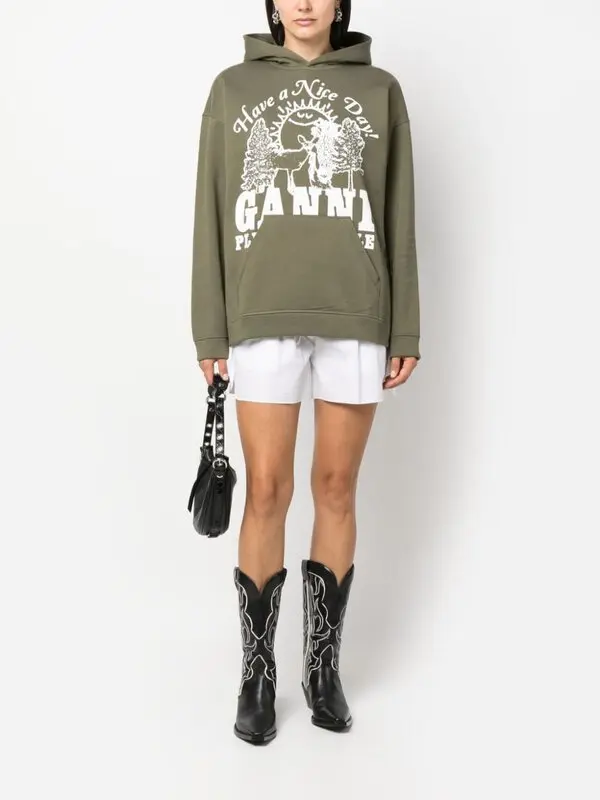 GANNI Logo-print Organic Cotton Hoodie - Green
