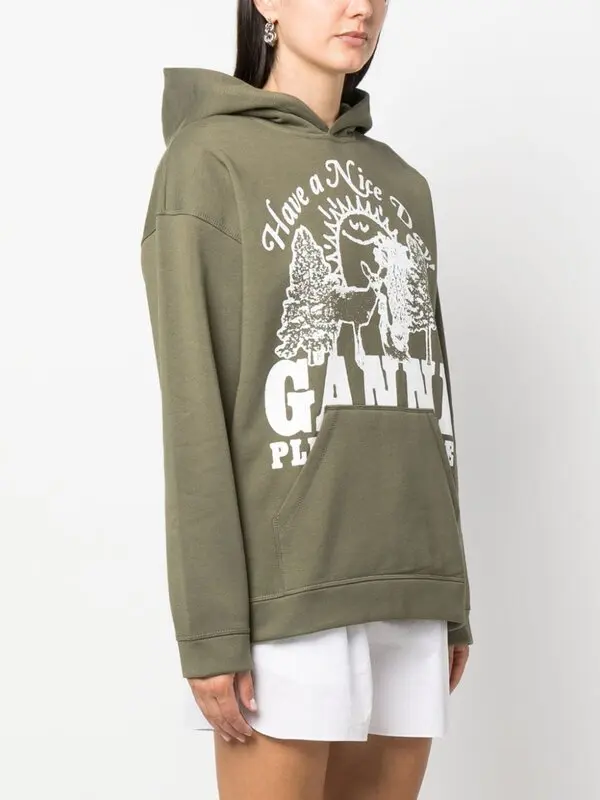 GANNI Logo-print Organic Cotton Hoodie - Green