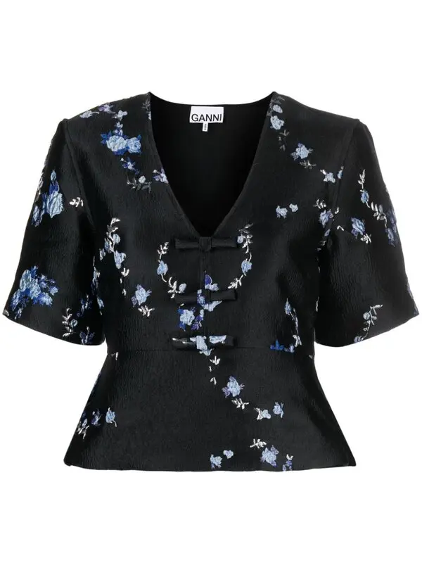 GANNI Floral Jacquard V-neck Blouse - Black