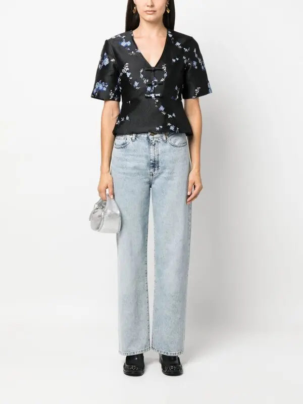 GANNI Floral Jacquard V-neck Blouse