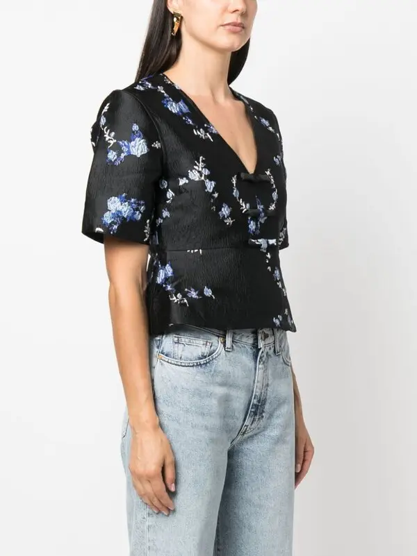 GANNI Floral Jacquard V-neck Blouse