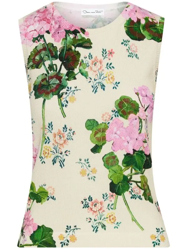 Oscar De La Renta Geranium-print Sleeveless Top - Neutrals