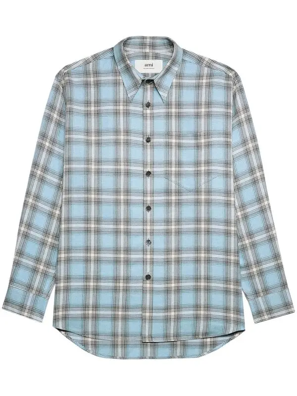 AMI Paris Long-sleeved Checkered Knitted Shirt - Blue