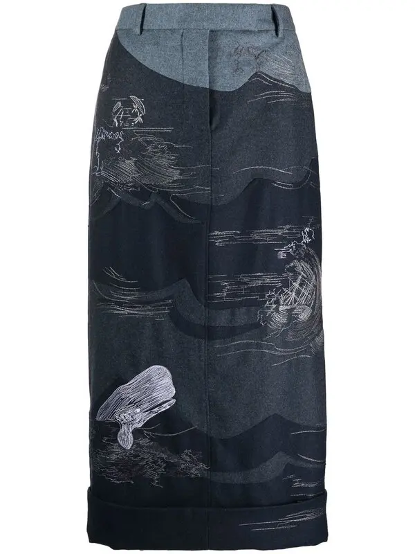 Thom Browne Midi Skirt With Contrasting Stitch Detail - Blue