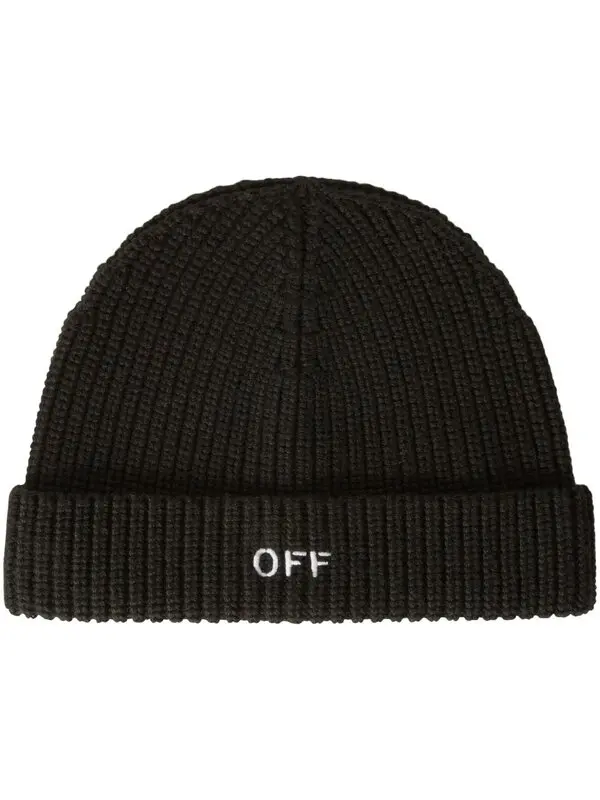 Off-White Embroidered Ribbed-knit Beanie - Black
